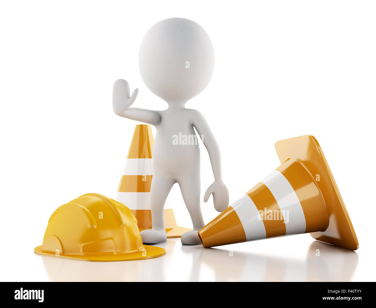 3d white people stop sign with helmet Stock Photo - Alamy