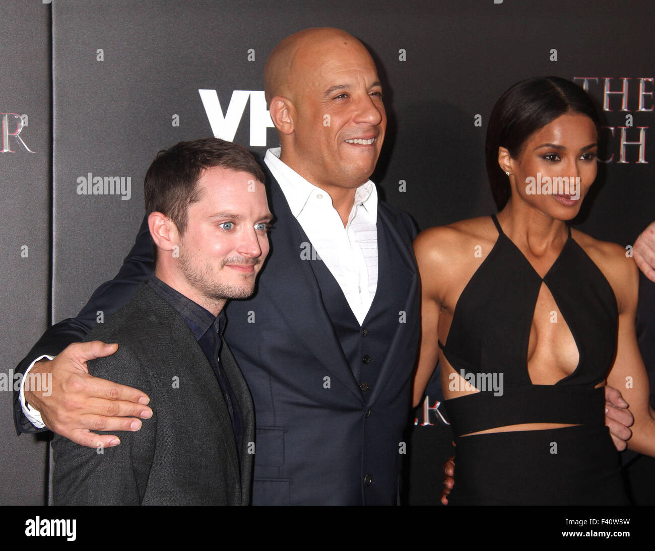 New York, USA. 13th Oct, 2015. Actors ELIJAH WOOD, VIN DIESEL and CIARA ...
