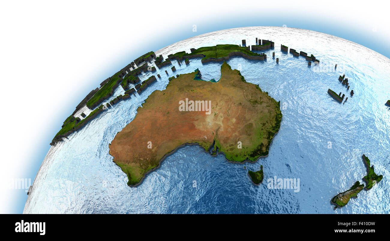 Australia on planet Earth with embossed continents and country borders ...
