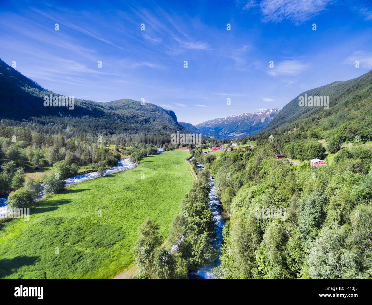 Scenic aerial view of summer in green valley with streams in Norway ...