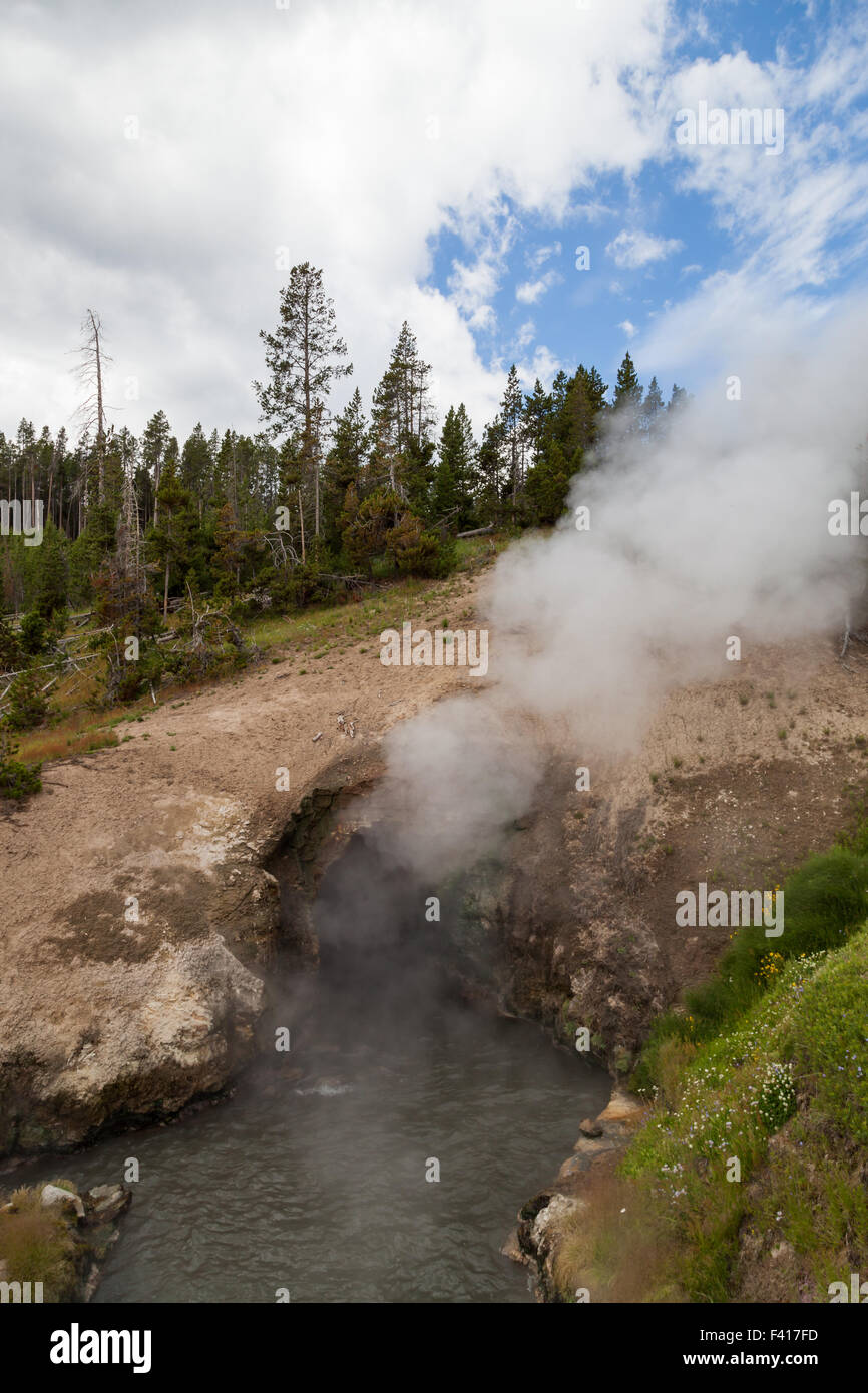 Hot steam rising out of a thermal cave in a hillside with hot mineral ...