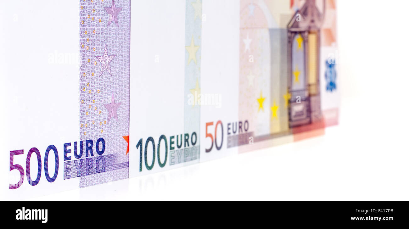 Row of various euro notes. All on white background Stock Photo - Alamy