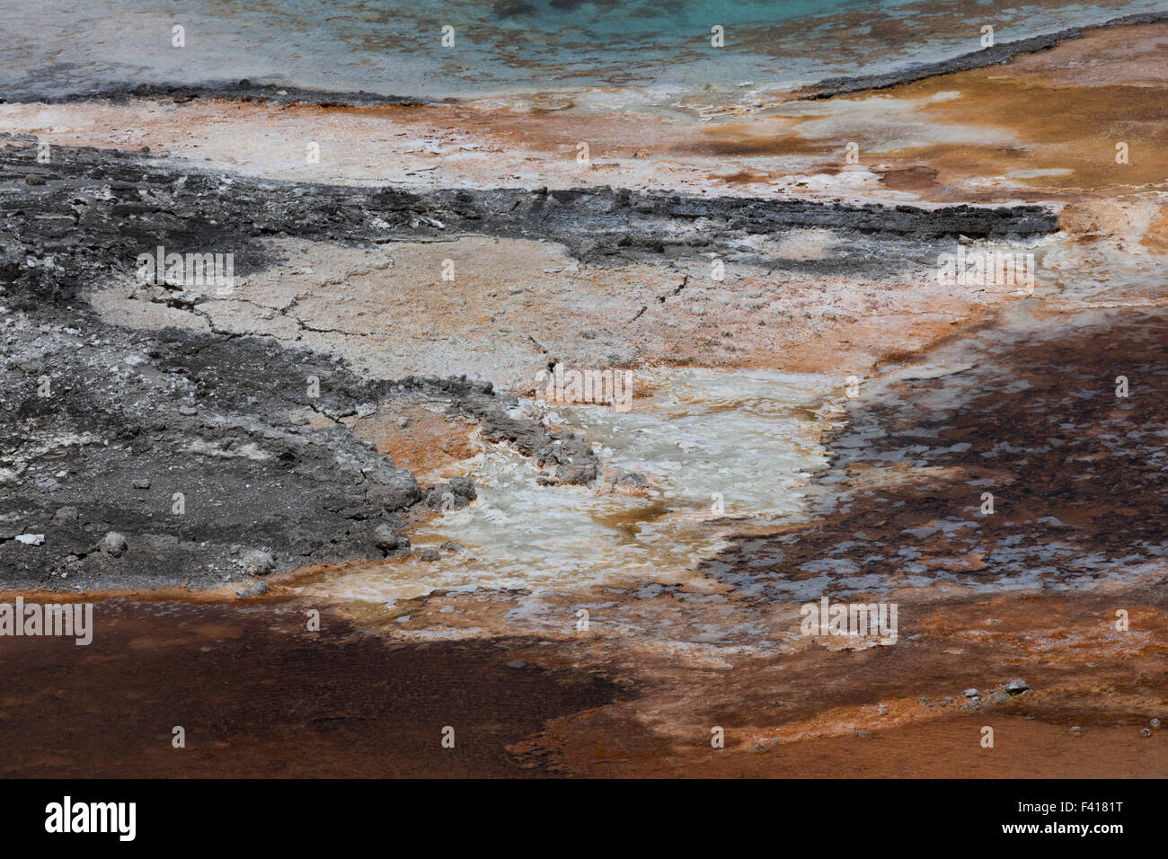 A close up of cracked mineral deposits surrounded by hot volcanic water ...