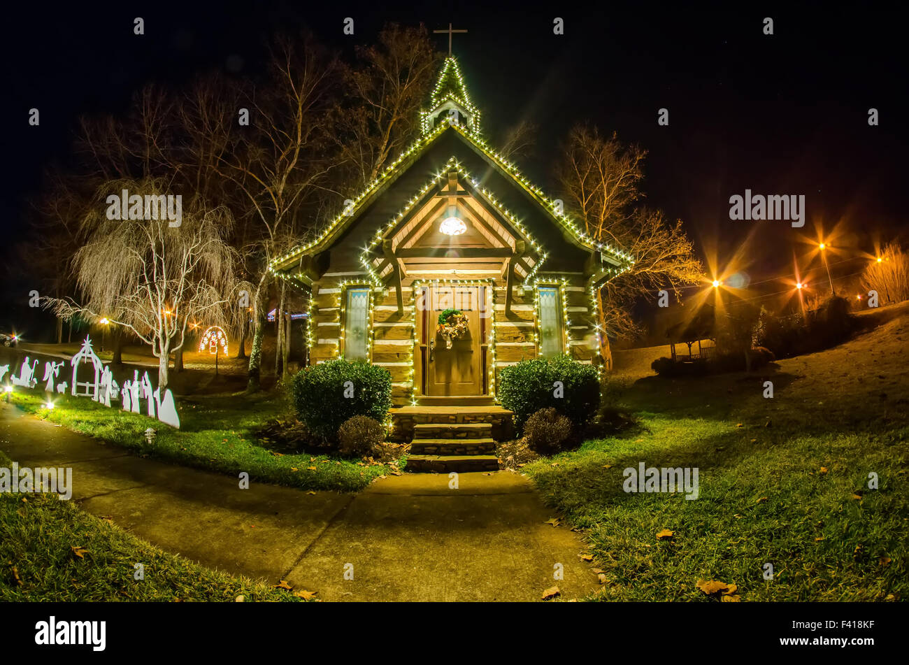tiny chapel with lighting at night Stock Photo - Alamy