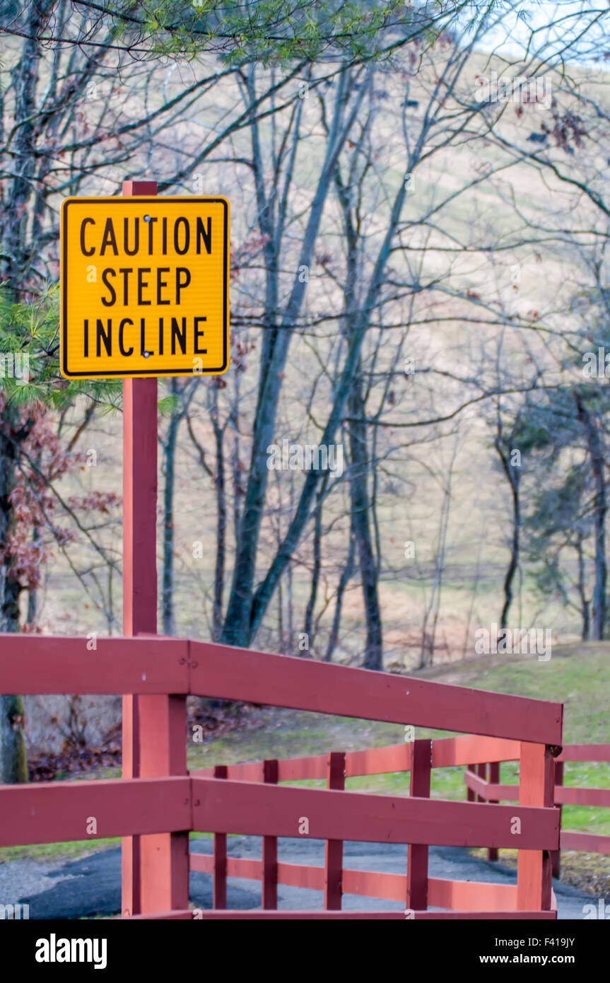 caution steep incline warning yellow sign Stock Photo - Alamy