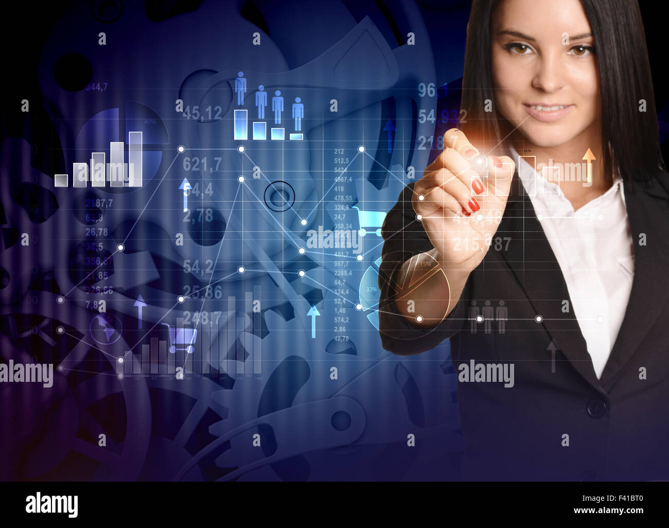 Young girl draws graph on virtual screen Stock Photo - Alamy