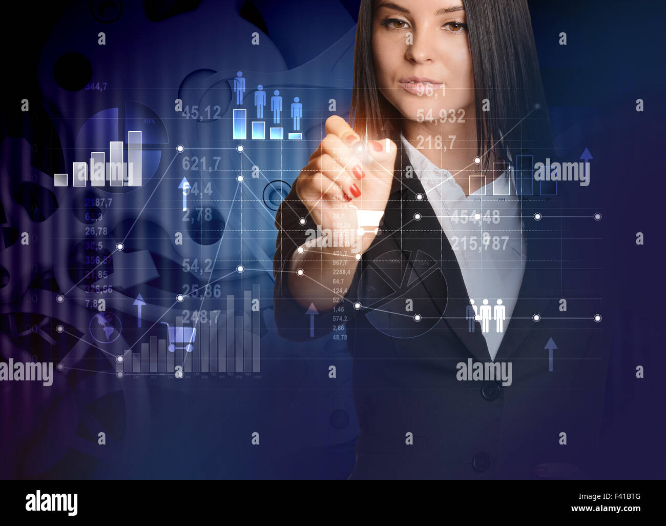 Young girl draws graph on a virtual screen Stock Photo - Alamy