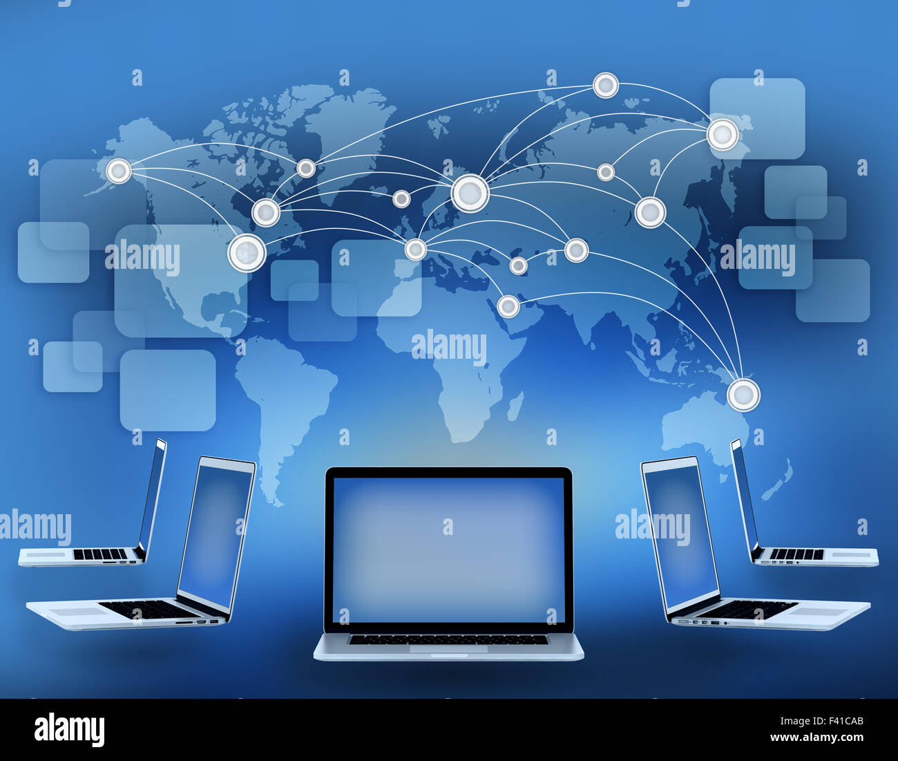 Computers and world map with points ranging cities Stock Photo - Alamy
