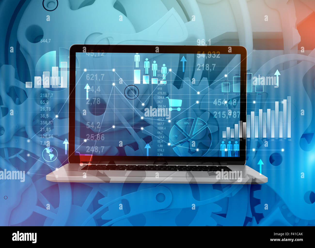 Digital illustration of a computer screen with abstract growth charts ...