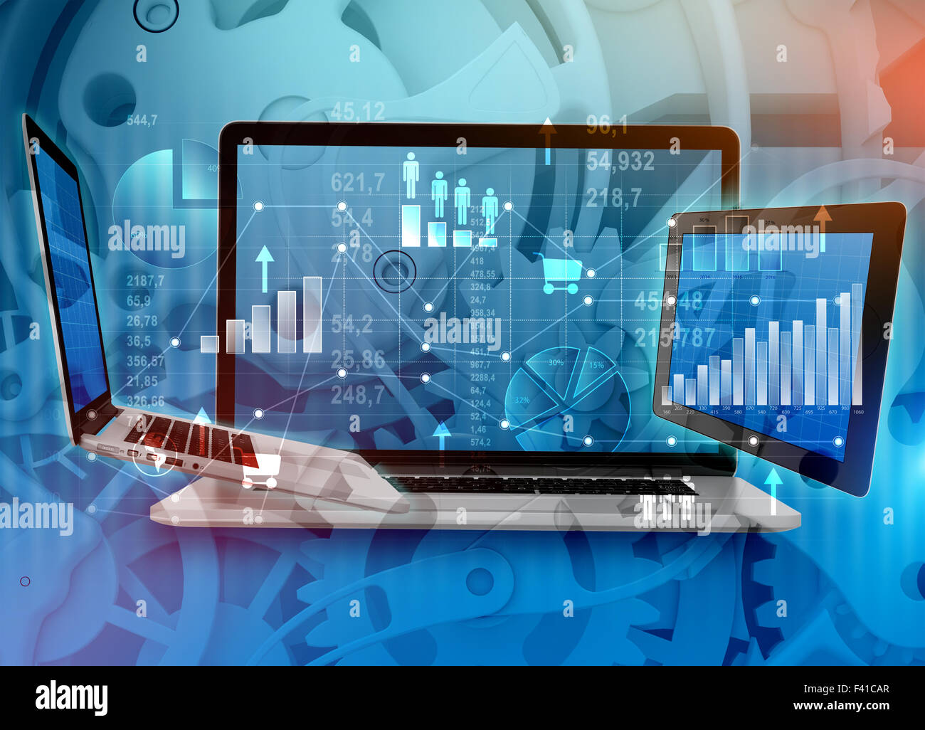 Digital illustration of a computer screen with abstract growth charts ...