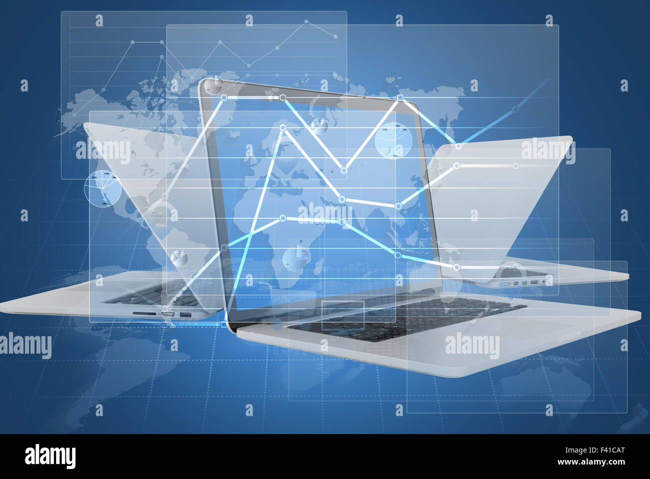 Digital illustration of a computer screen with abstract growth charts ...