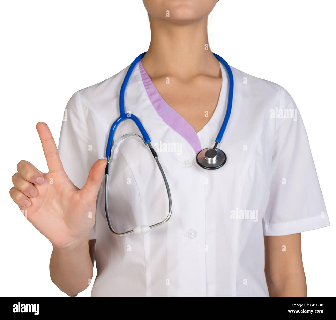 Female headless doctor pointing to something or pressing imaginary ...