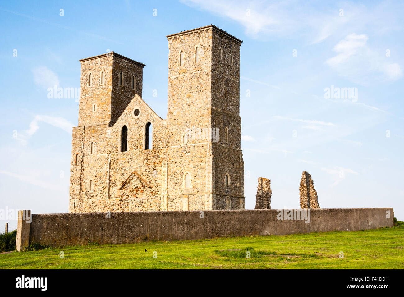Reculver, England. The twin towers of the 12th century Anglo Saxon ...