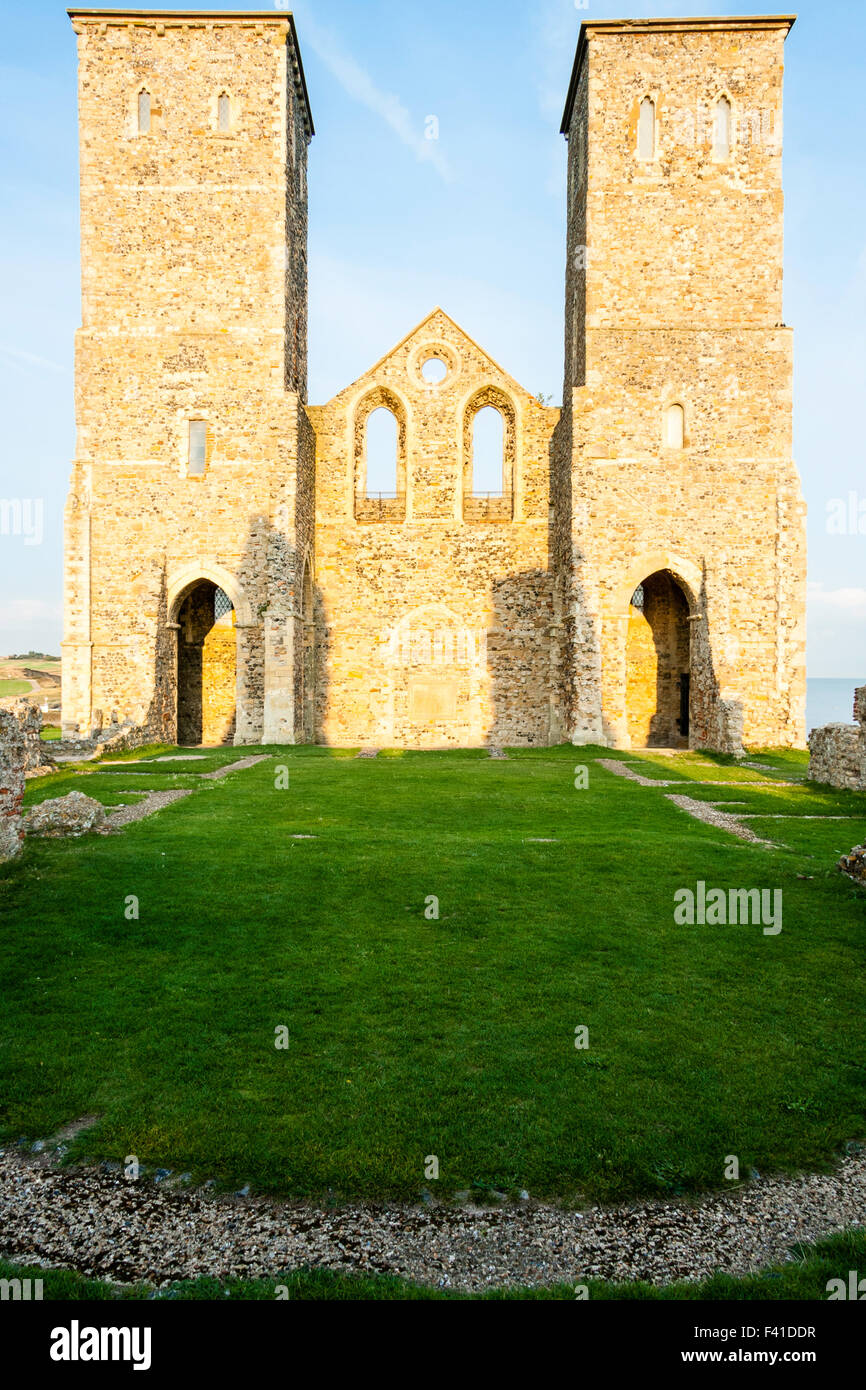 Reculver, England. The twin towers of the 12th century Anglo Saxon ...