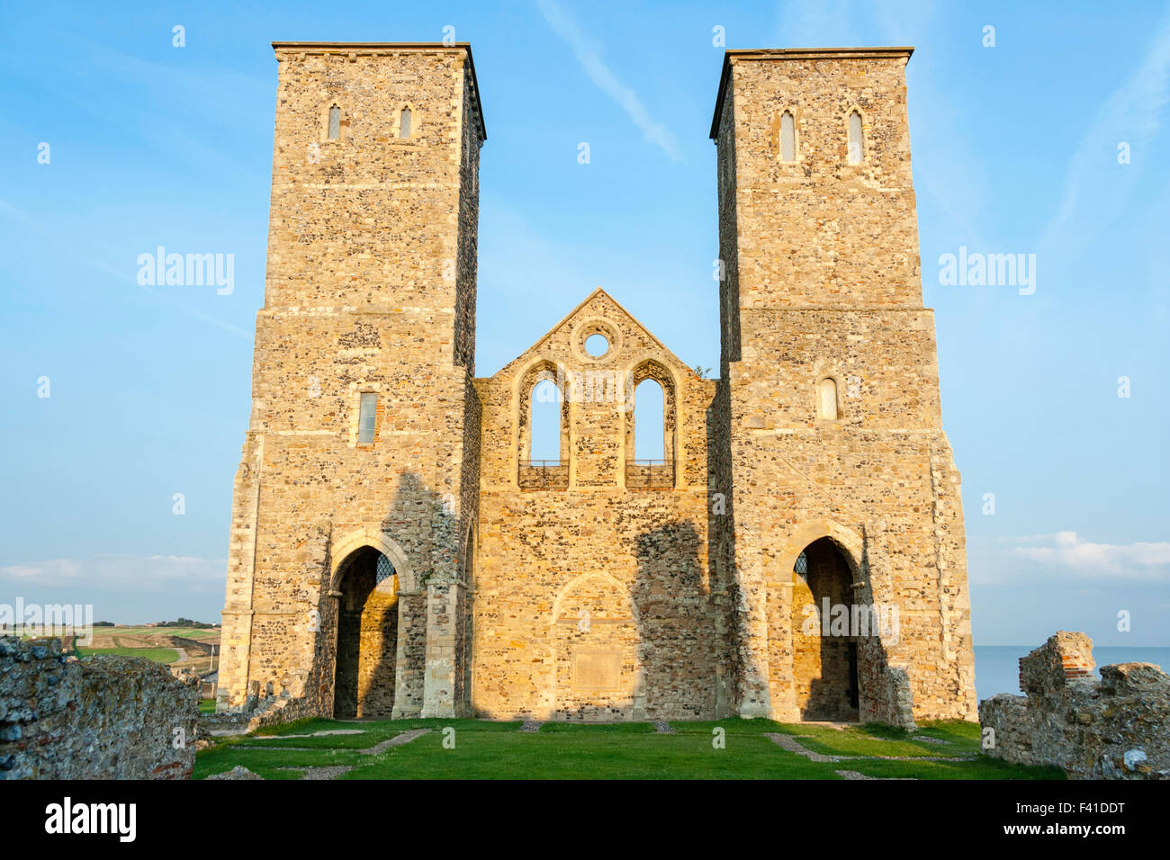 Reculver, England. The twin towers of the 12th century Anglo Saxon ...