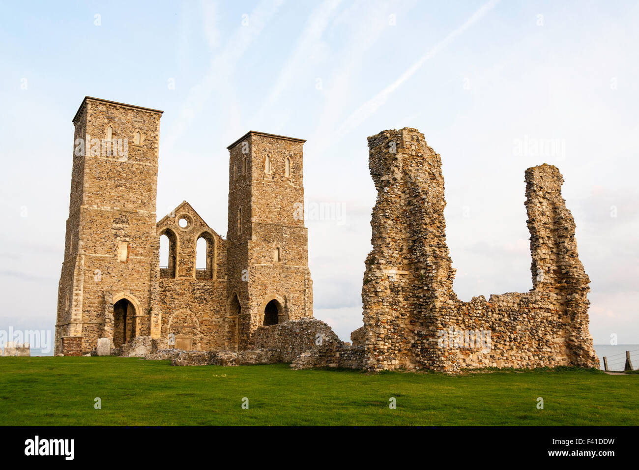 Reculver ruins in England. Ruin, St Mary's church, 12th century twin ...