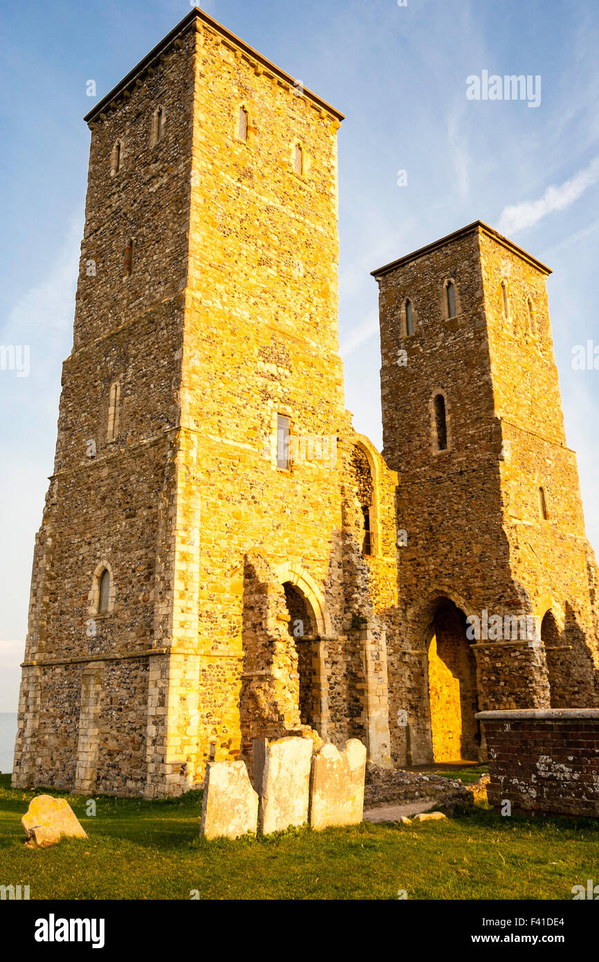 Reculver, England. The twin towers of the 12th century Anglo Saxon ...