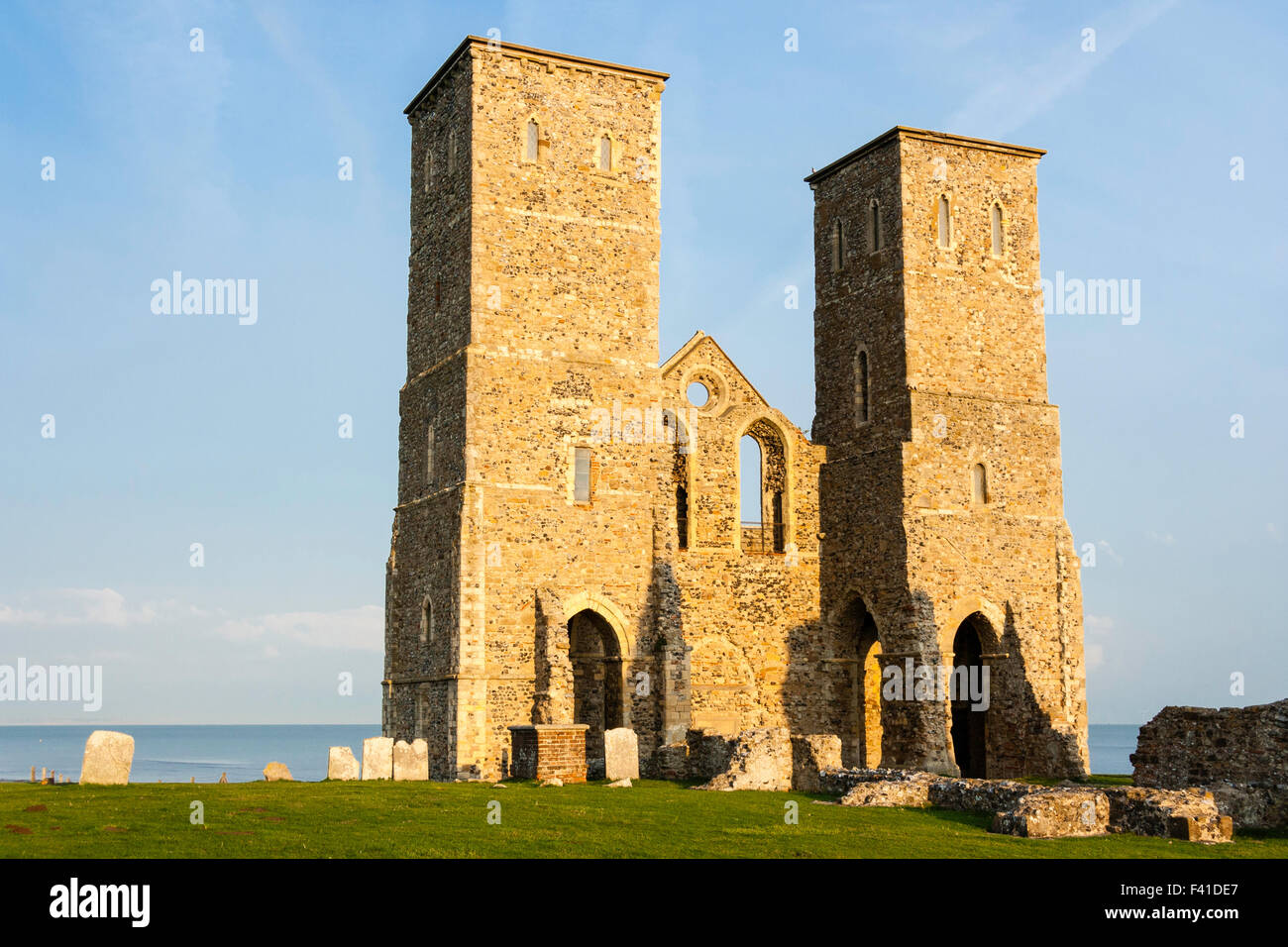 Reculver, England. The twin towers of the 12th century Anglo Saxon ...