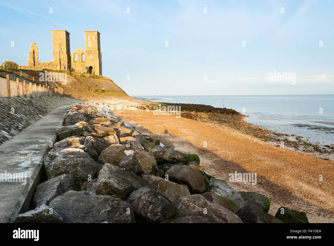 England, Reculver. The 12th century twin towers and ruins of the 7th ...