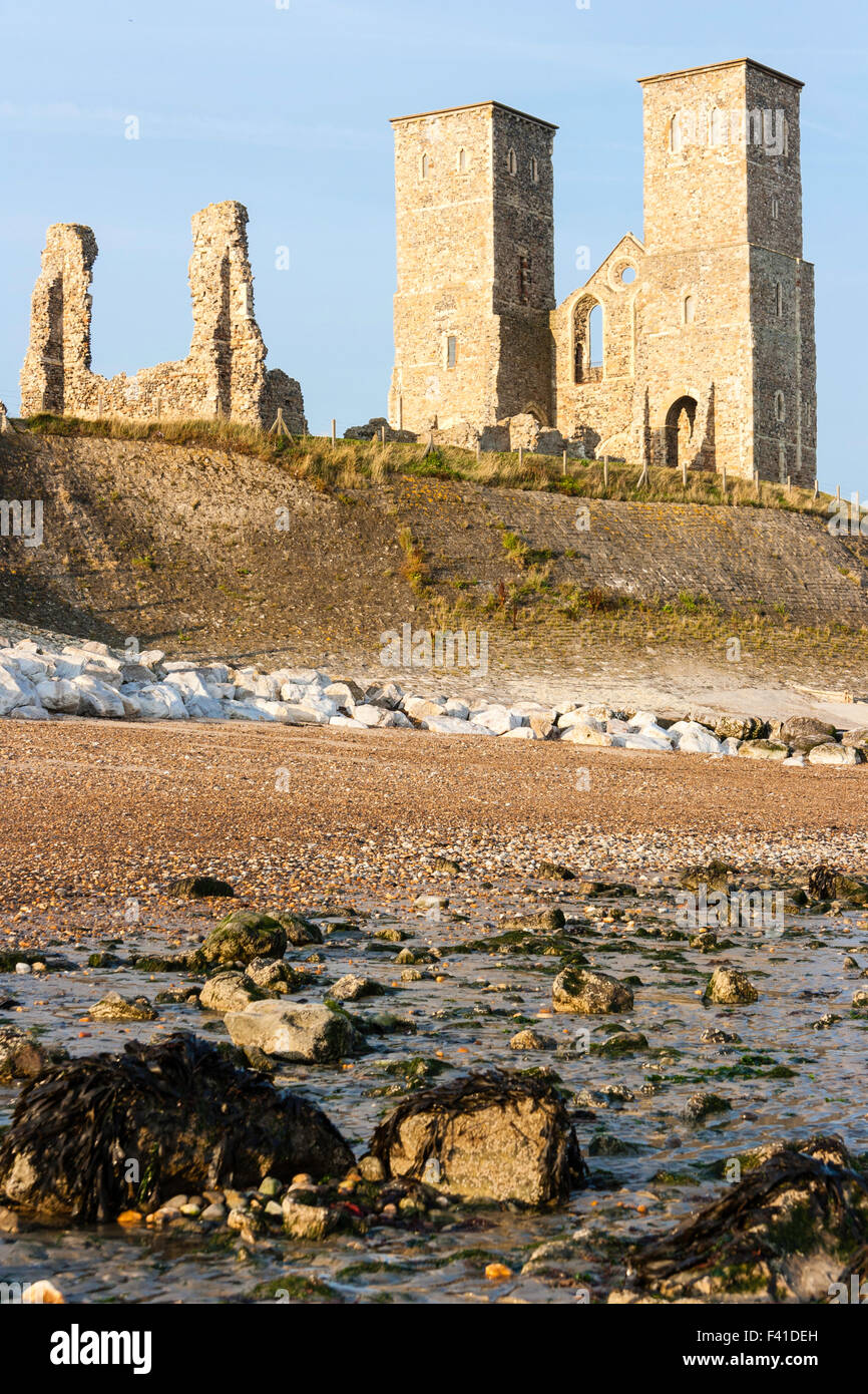 England, Reculver. The 12th century twin towers and ruins of the 7th ...