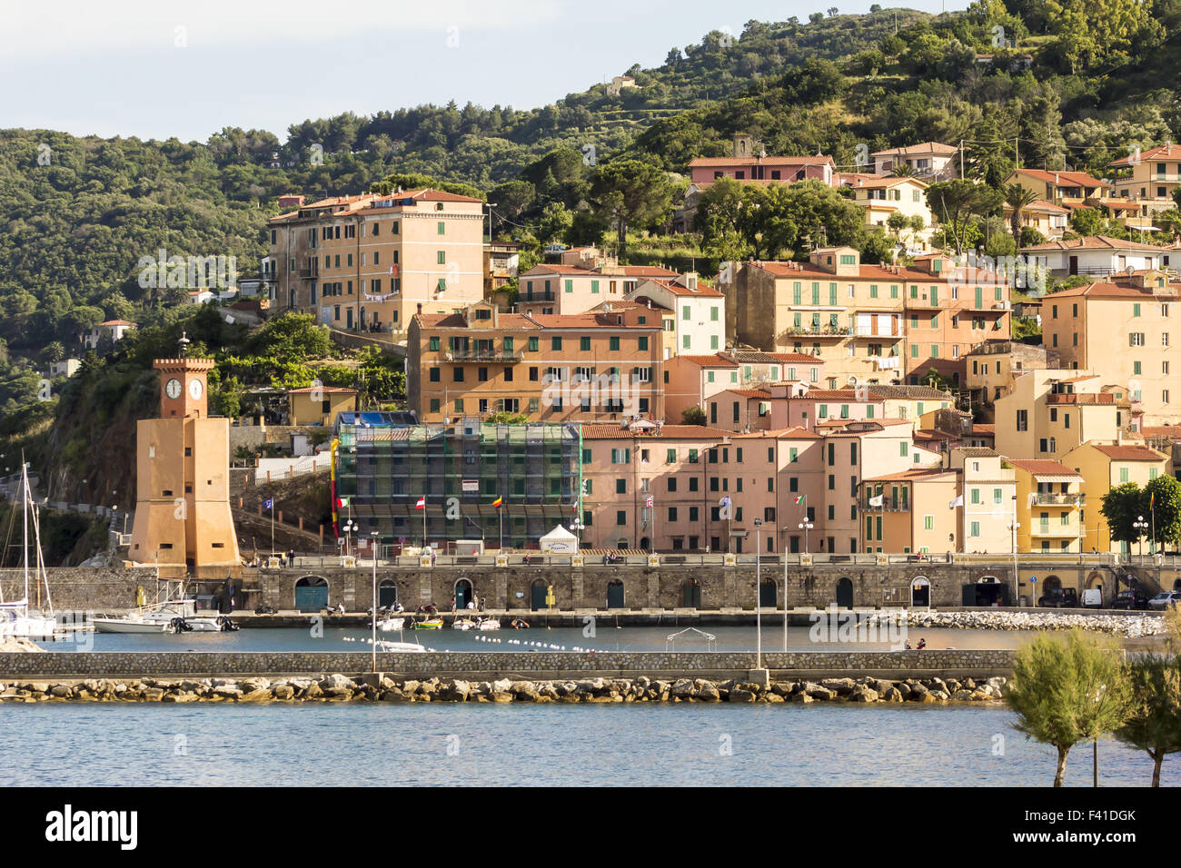 Rio Marina with harbor and watch-tower, Elba Stock Photo - Alamy