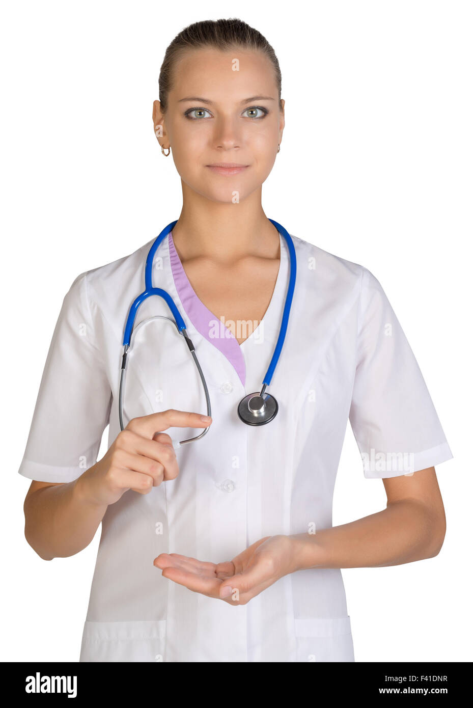 Healthcare. Female doctor pointing to something or pressing imaginary ...