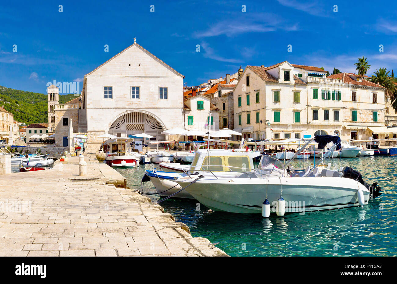 Hvar waterfront and theater view Stock Photo - Alamy