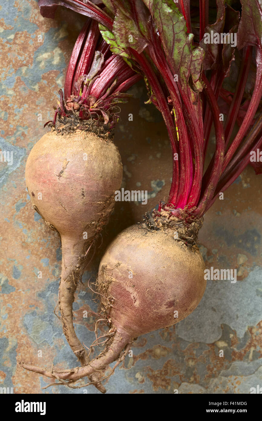 Raw beetroot with leaves photographed overhead on slate with natural ...