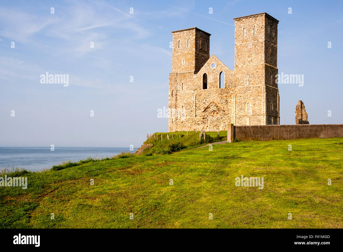 Reculver, England. The twin towers of the 12th century Anglo Saxon ...