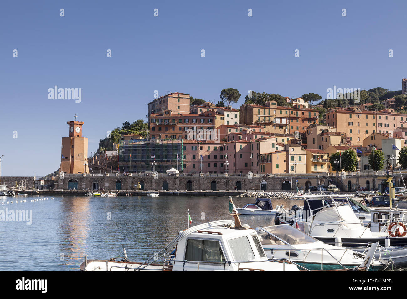 Rio Marina with harbor and watch-tower, Elba Stock Photo - Alamy