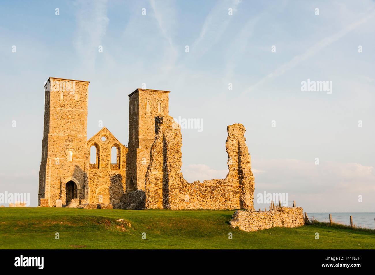 Reculver ruins in England. Ruin, St Mary's church, 12th century twin ...