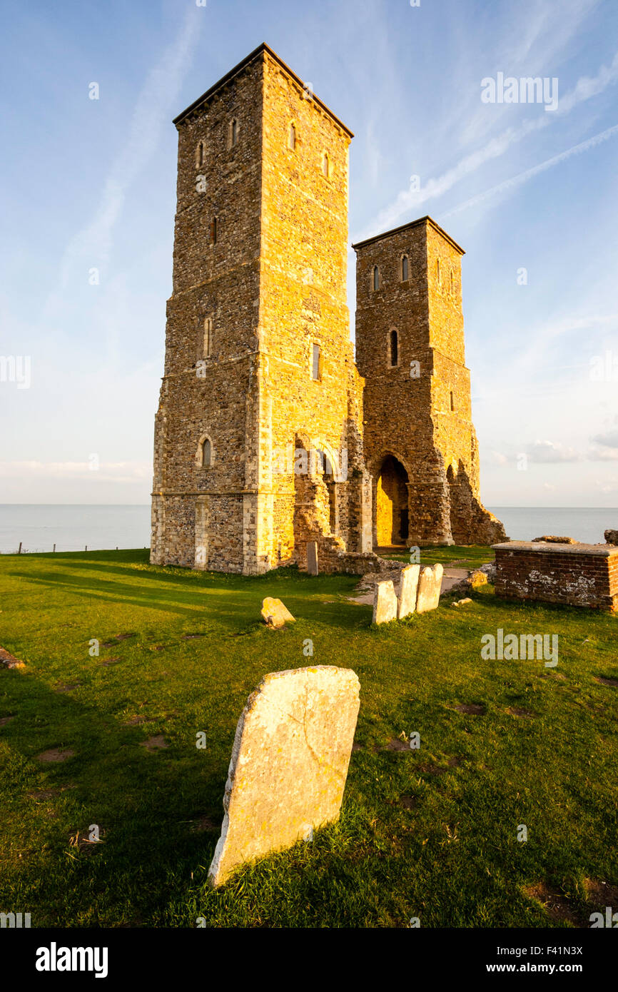 Reculver, England. The twin towers of the 12th century Anglo Saxon ...