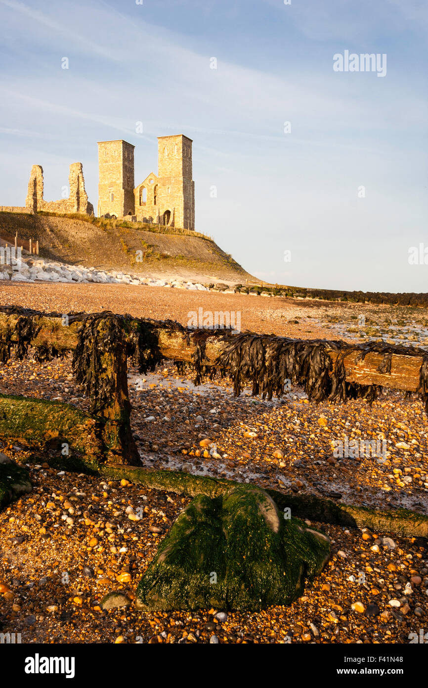 England, Reculver. The 12th century twin towers and ruins of the 7th ...