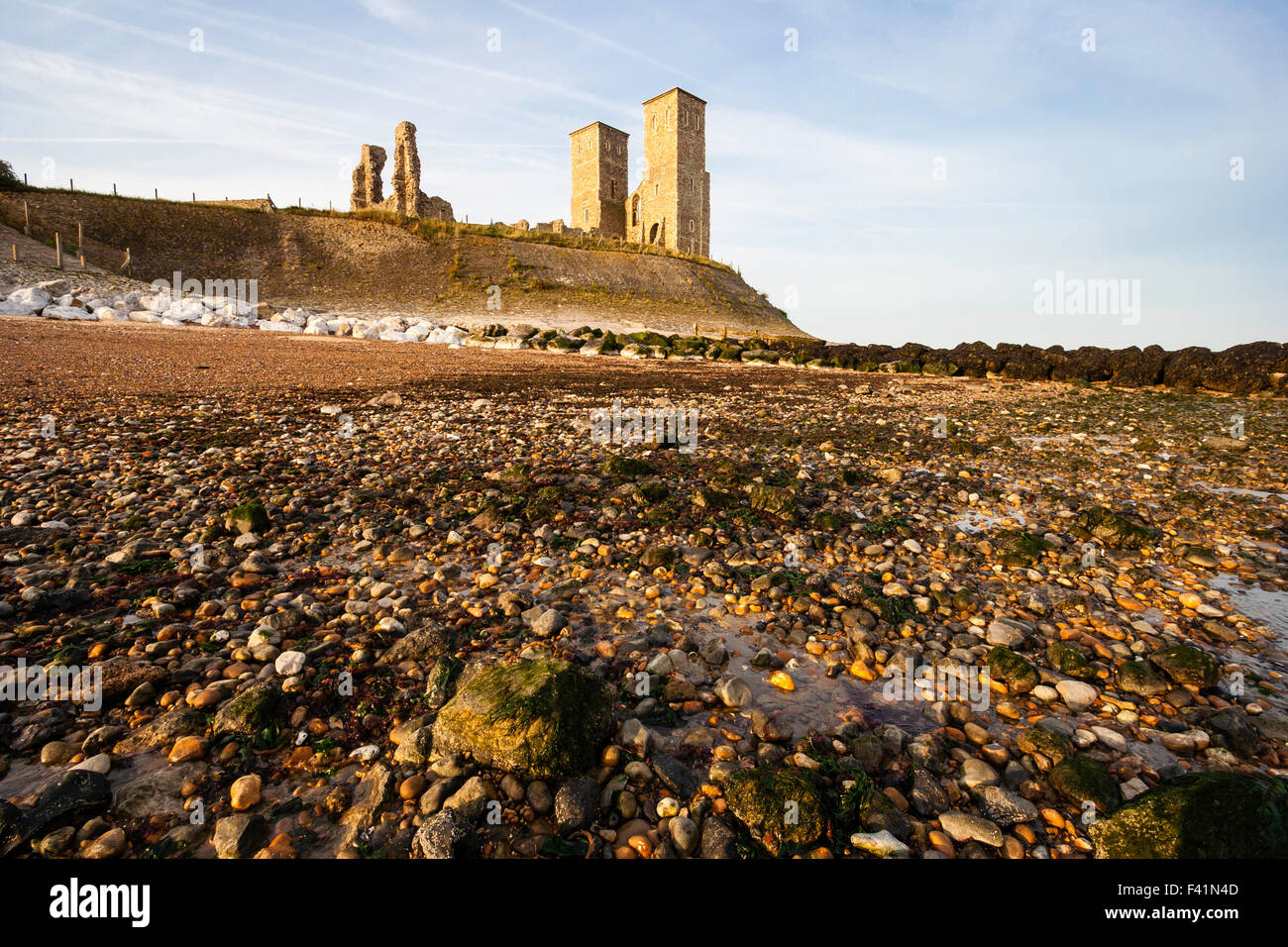 England, Reculver. The 12th century twin towers and ruins of the 7th ...