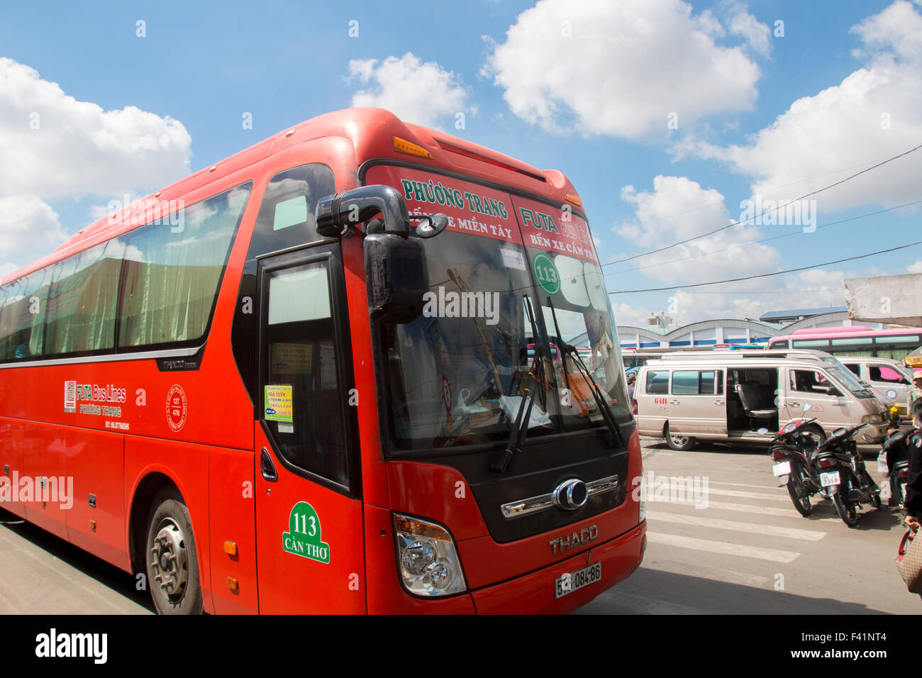 red Futa bus from Phuong Trang company, prepares to leave the bus ...