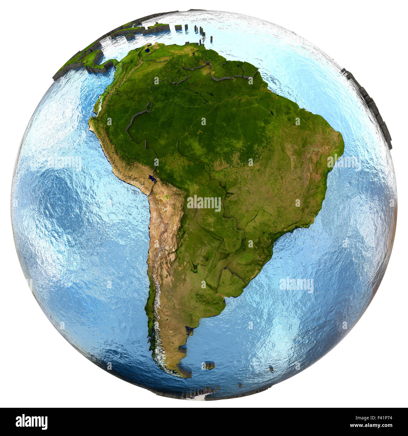 South America on highly detailed planet Earth with embossed continents ...