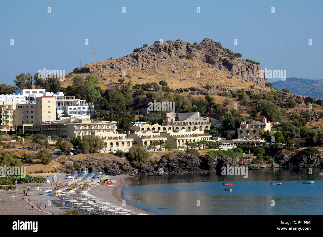 Tourist resorts in Vlicha Bay, Rhodes, Dodecanese, Greece Stock Photo ...