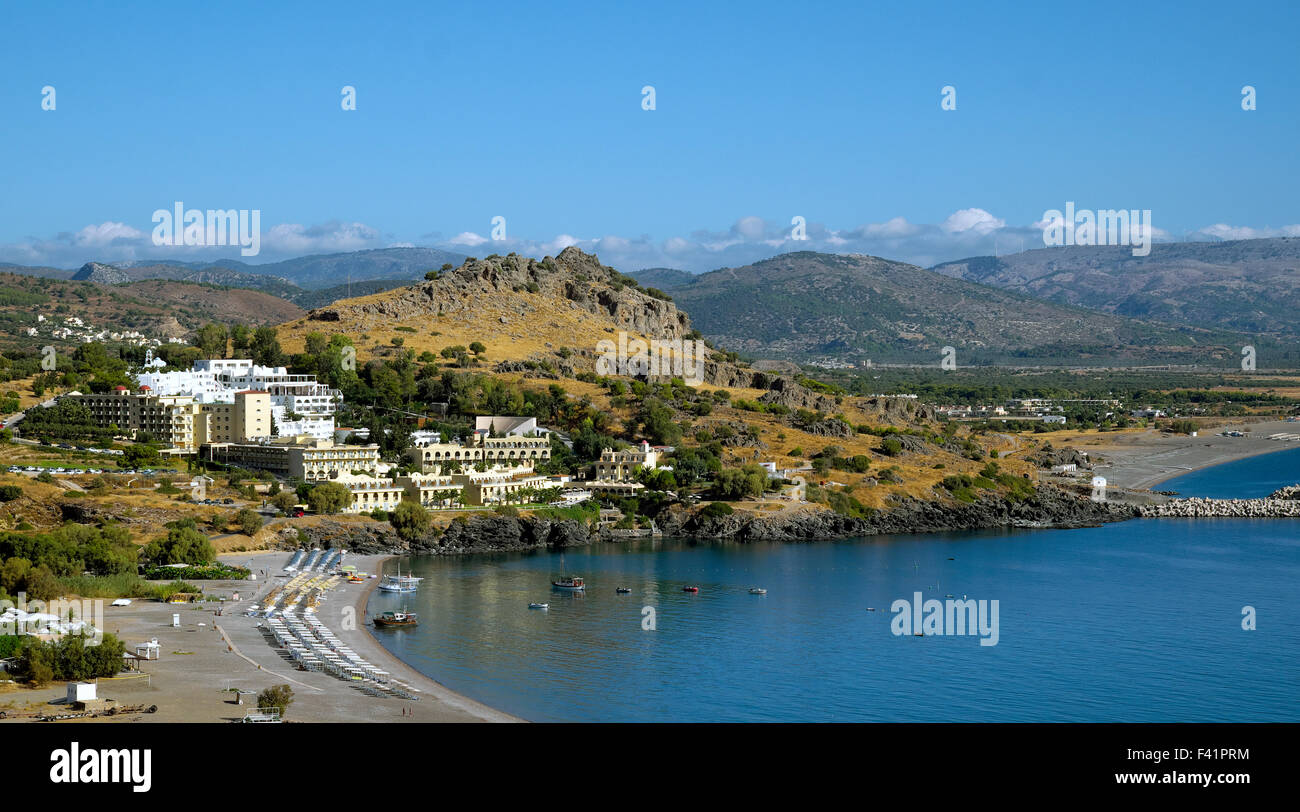 Tourist resorts in Vlicha Bay, Rhodes, Dodecanese, Greece Stock Photo ...