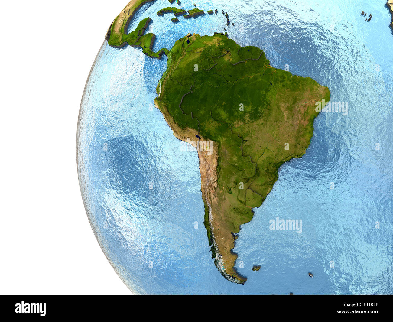 South America on highly detailed planet Earth with embossed continents ...