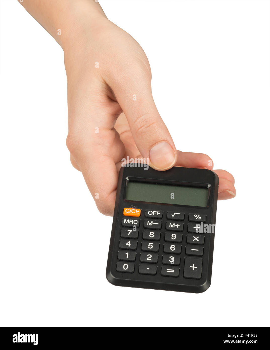 Humans hand holding calculator Stock Photo - Alamy