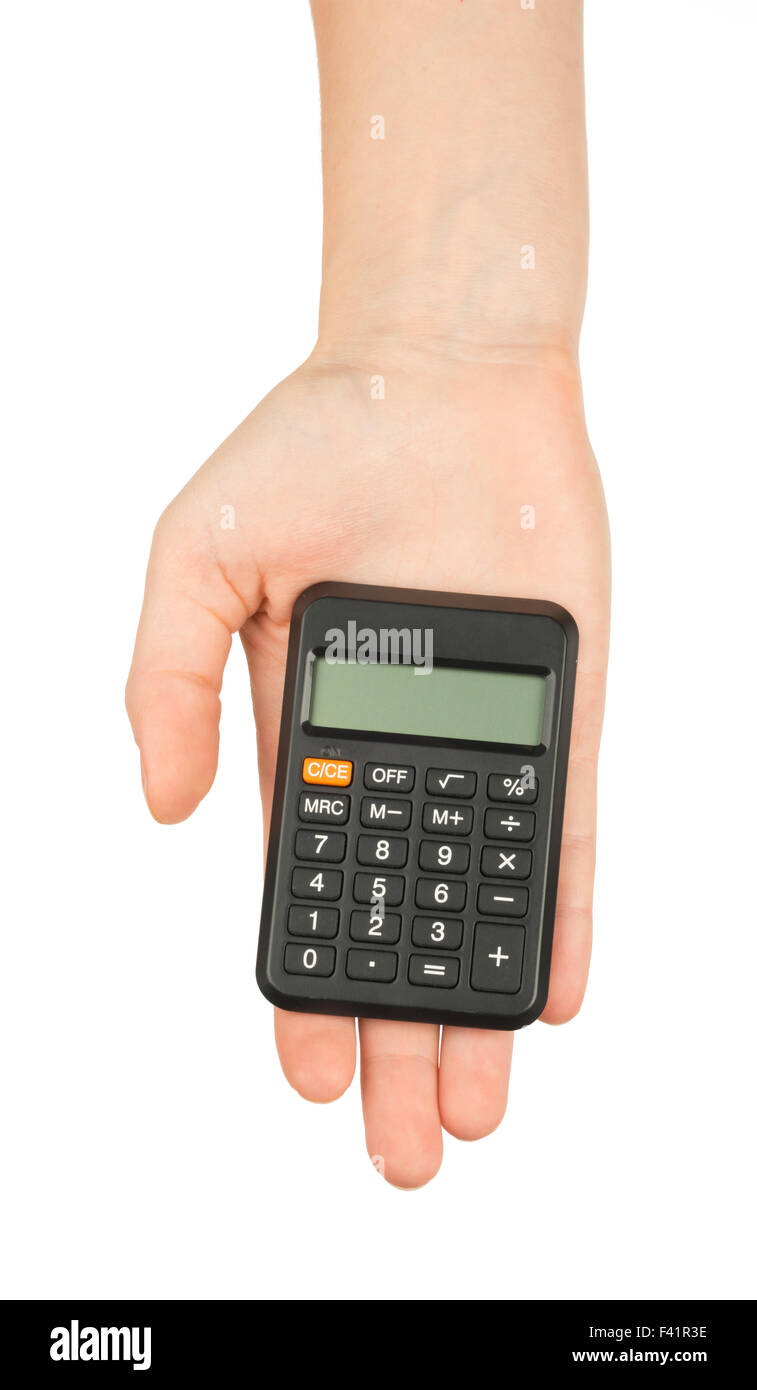 Calculator on humans hand Stock Photo - Alamy
