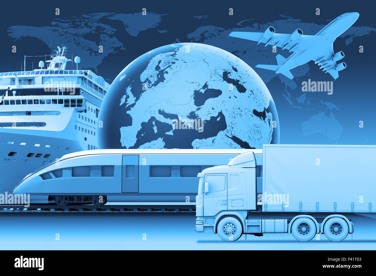 Transport with earth and world map on blue Stock Photo - Alamy