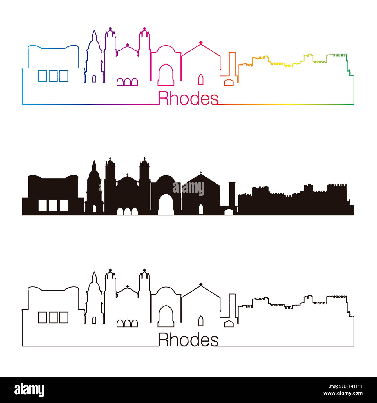 Rhodes skyline linear style with rainbow in editable vector file Stock ...