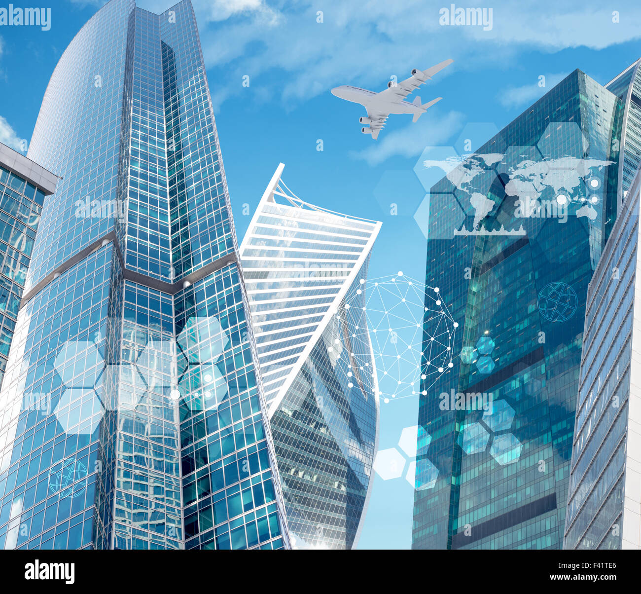 Business city with world map and molecule Stock Photo - Alamy