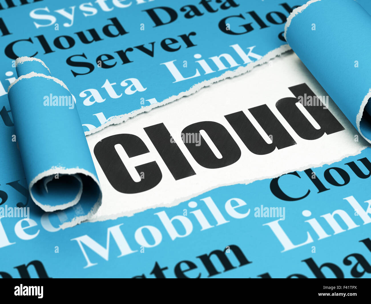 Cloud computing concept: black text Cloud under the piece of torn paper ...