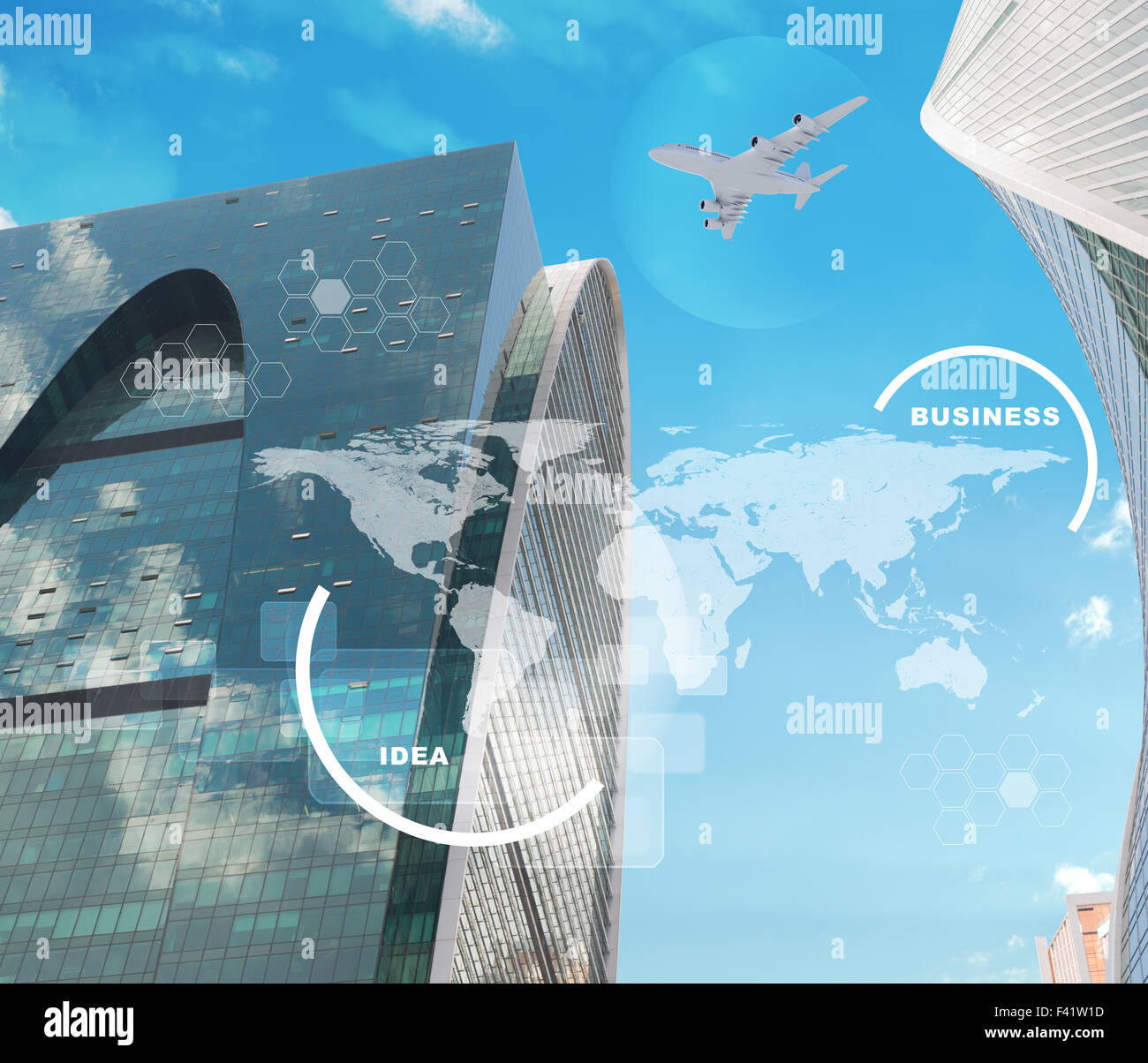 Business city with world map and words Stock Photo - Alamy