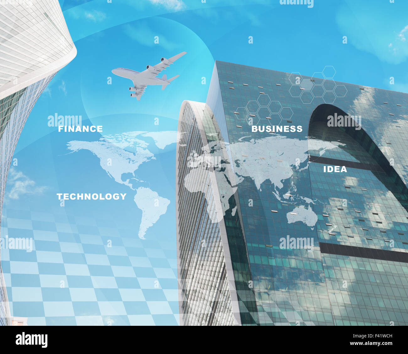 Buildings with world map and words Stock Photo - Alamy