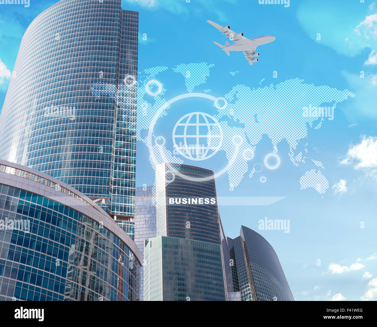High-rise buildings with world map and icons Stock Photo - Alamy