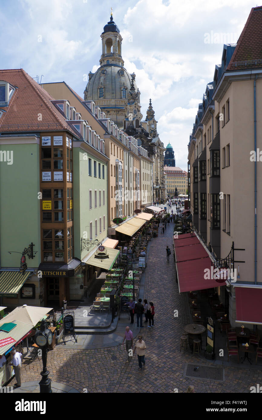 Dresden,Street scene with tourist cafes looking towards the ...