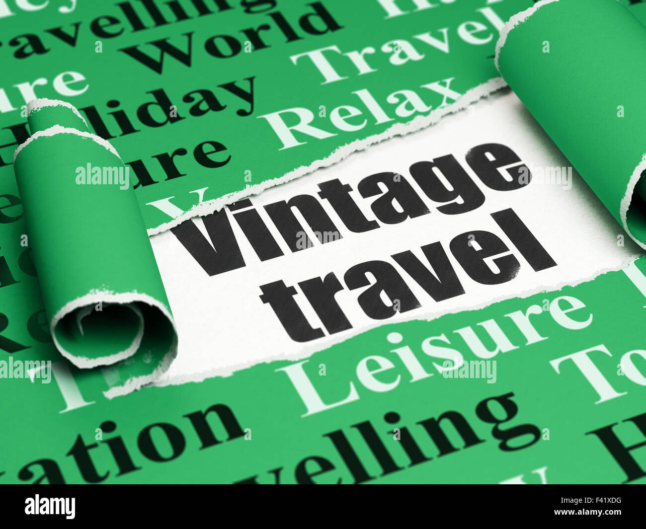Tourism concept: black text Vintage Travel under the piece of torn ...